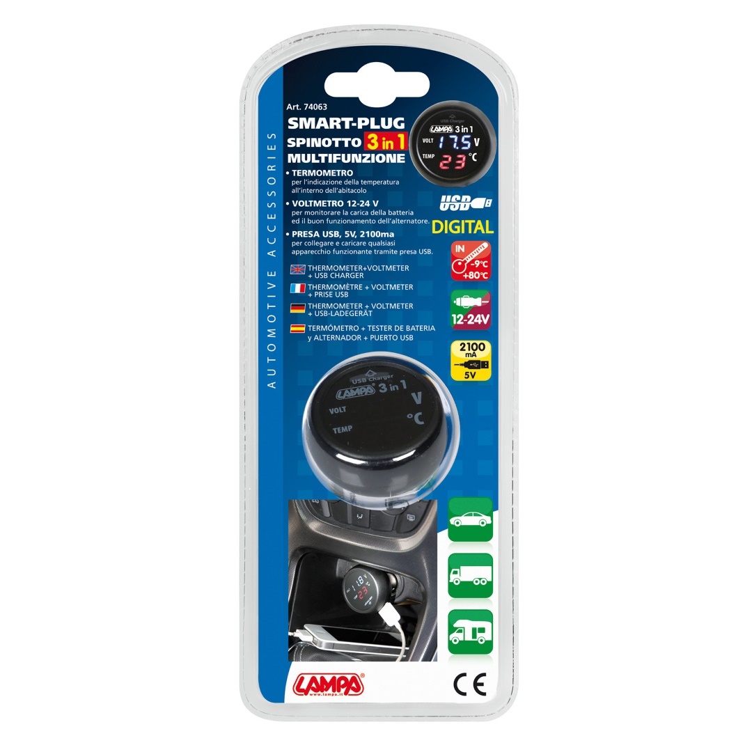 Βολτομετρο Μπαταριας SMART-PLUG 3 in 1 12/24V 2,1A (ΜΕ Θερμομετρο ...