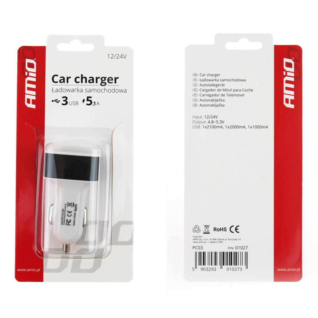 Φορτιστης Αναπτηρα Με 3 Θυρες Usb 12/24V 5100mA (1Α, 2Α, 2.1Α) Amio - 1 ...